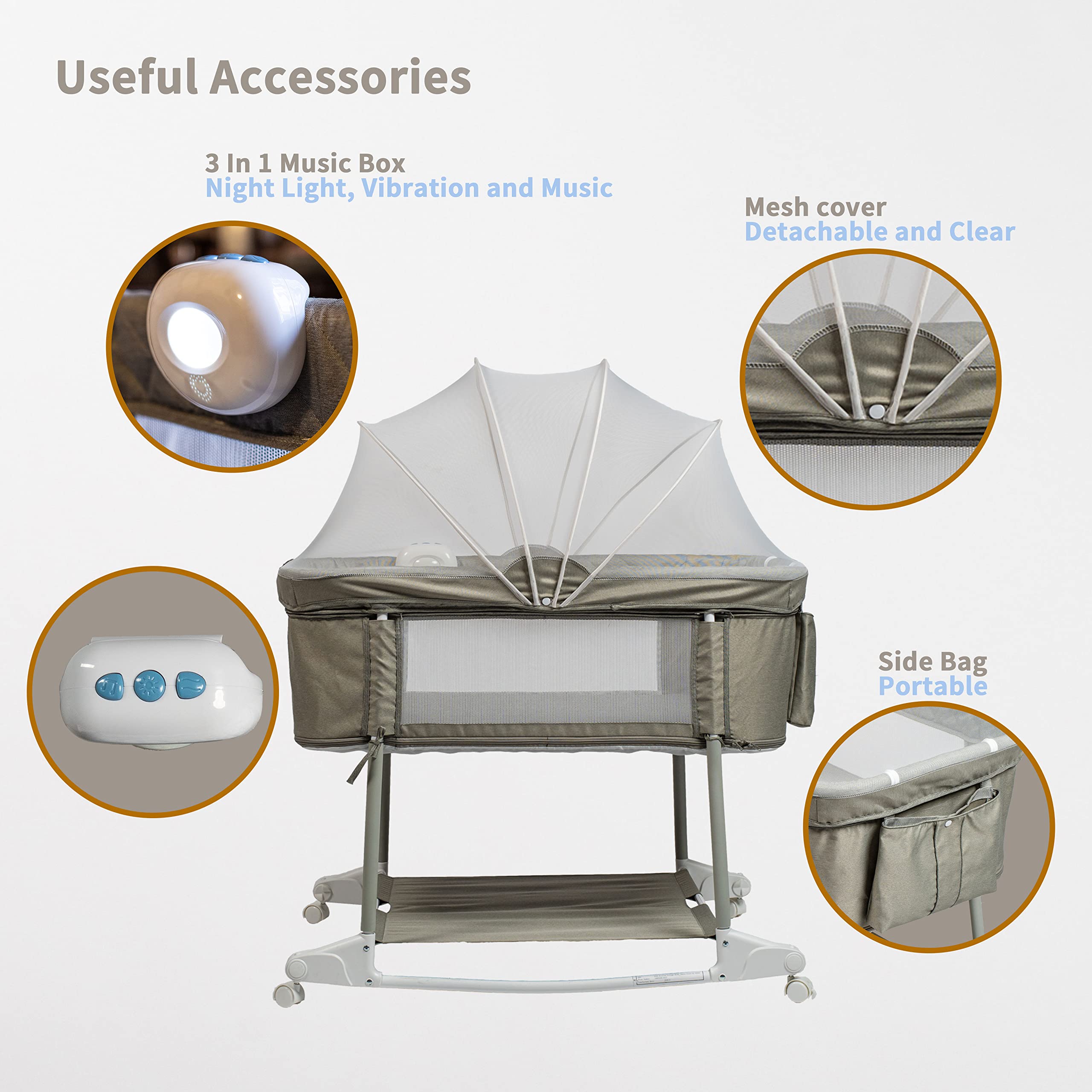 RTUSAS Multi Mode Newborn Baby Bassinet Bedside Sleeper Baby Cradle Portable Bassinet Playpen with Wheels Breathable Mesh Crib Rocking Bassinet(Light Grey)