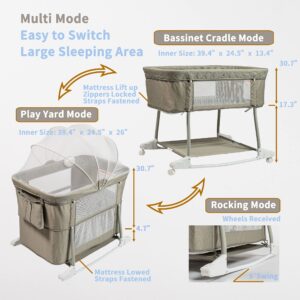 RTUSAS Multi Mode Newborn Baby Bassinet Bedside Sleeper Baby Cradle Portable Bassinet Playpen with Wheels Breathable Mesh Crib Rocking Bassinet(Light Grey)