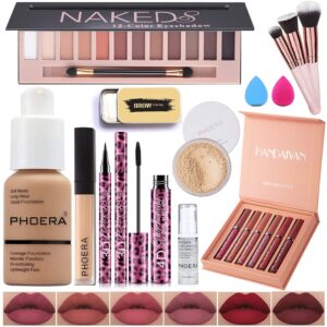 all in one makeup kit,12 colors eyeshadow palette,phoera foundation,6 colors lipstick set,phoera primer powder concealer contour,eyebrow soap,waterproof eyeliner and mascara, makeup brush set