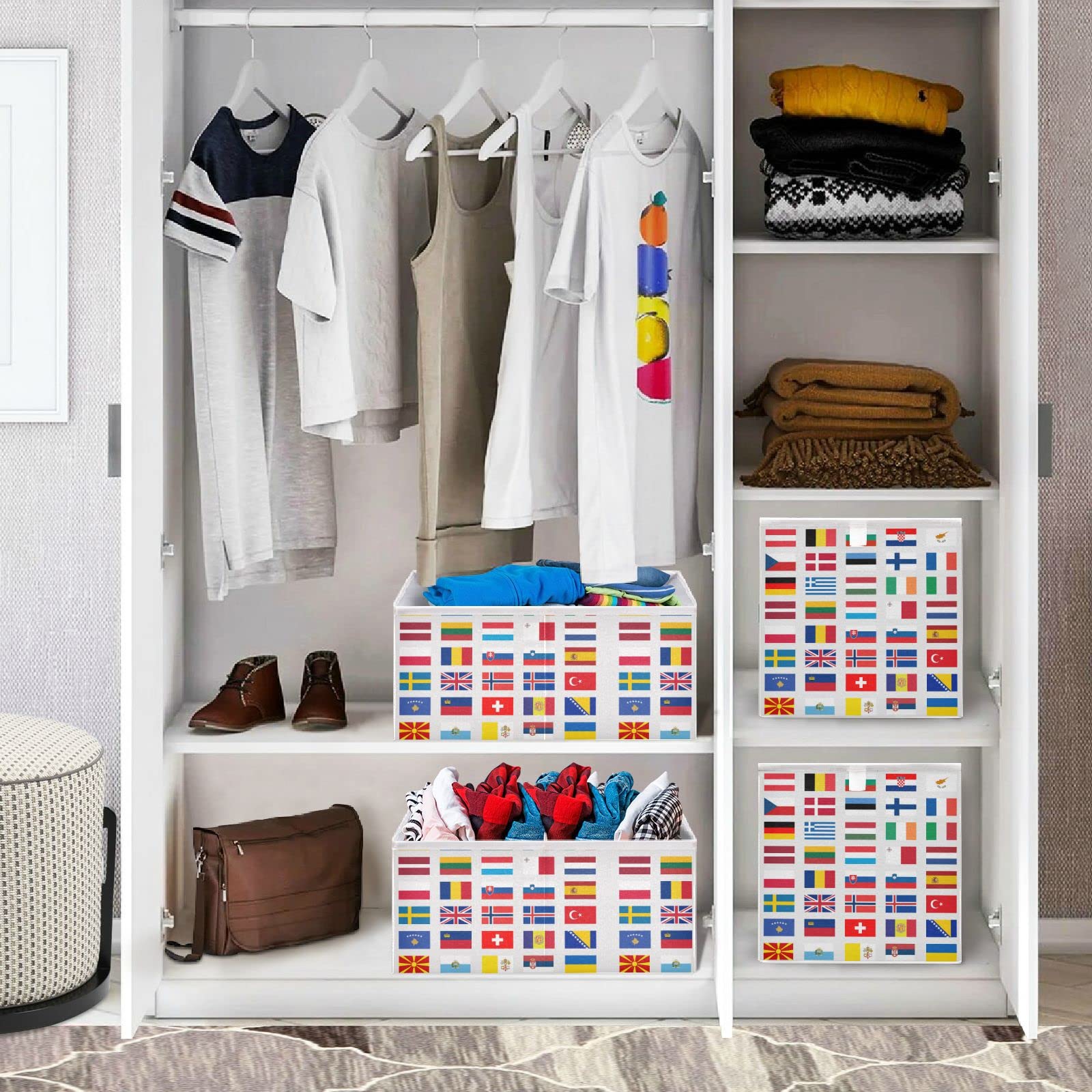 Miscellaneous Set Of Country Flags Storage Basket Storage Bin Rectangular Collapsible Nursery Hamper Cute Bin Organizer for Makeup Closet Bathroom Bedroom