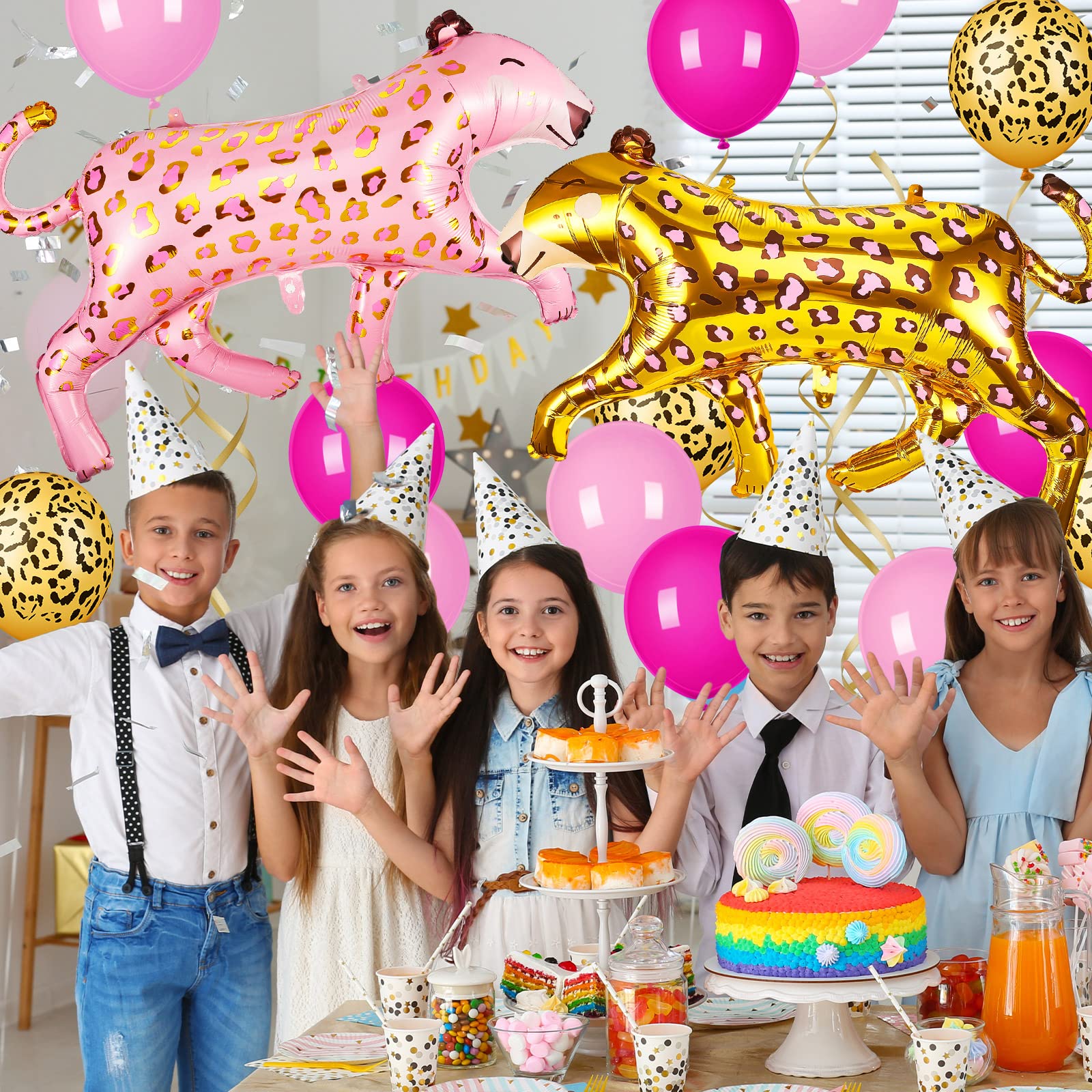 45 Pcs Safari Party Balloons Include 40 Pcs Cheetah Print Pink Latex Balloons and Ribbon 4 Pcs Leopard Balloons Jungle Animal Foil Balloons for Wild Zoo Jungle Theme Baby Shower Birthday Party Decor