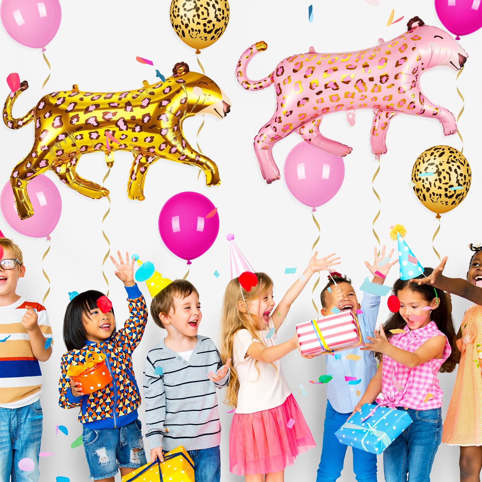 45 Pcs Safari Party Balloons Include 40 Pcs Cheetah Print Pink Latex Balloons and Ribbon 4 Pcs Leopard Balloons Jungle Animal Foil Balloons for Wild Zoo Jungle Theme Baby Shower Birthday Party Decor