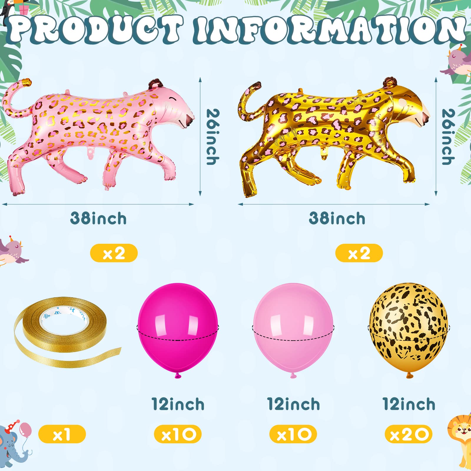 45 Pcs Safari Party Balloons Include 40 Pcs Cheetah Print Pink Latex Balloons and Ribbon 4 Pcs Leopard Balloons Jungle Animal Foil Balloons for Wild Zoo Jungle Theme Baby Shower Birthday Party Decor