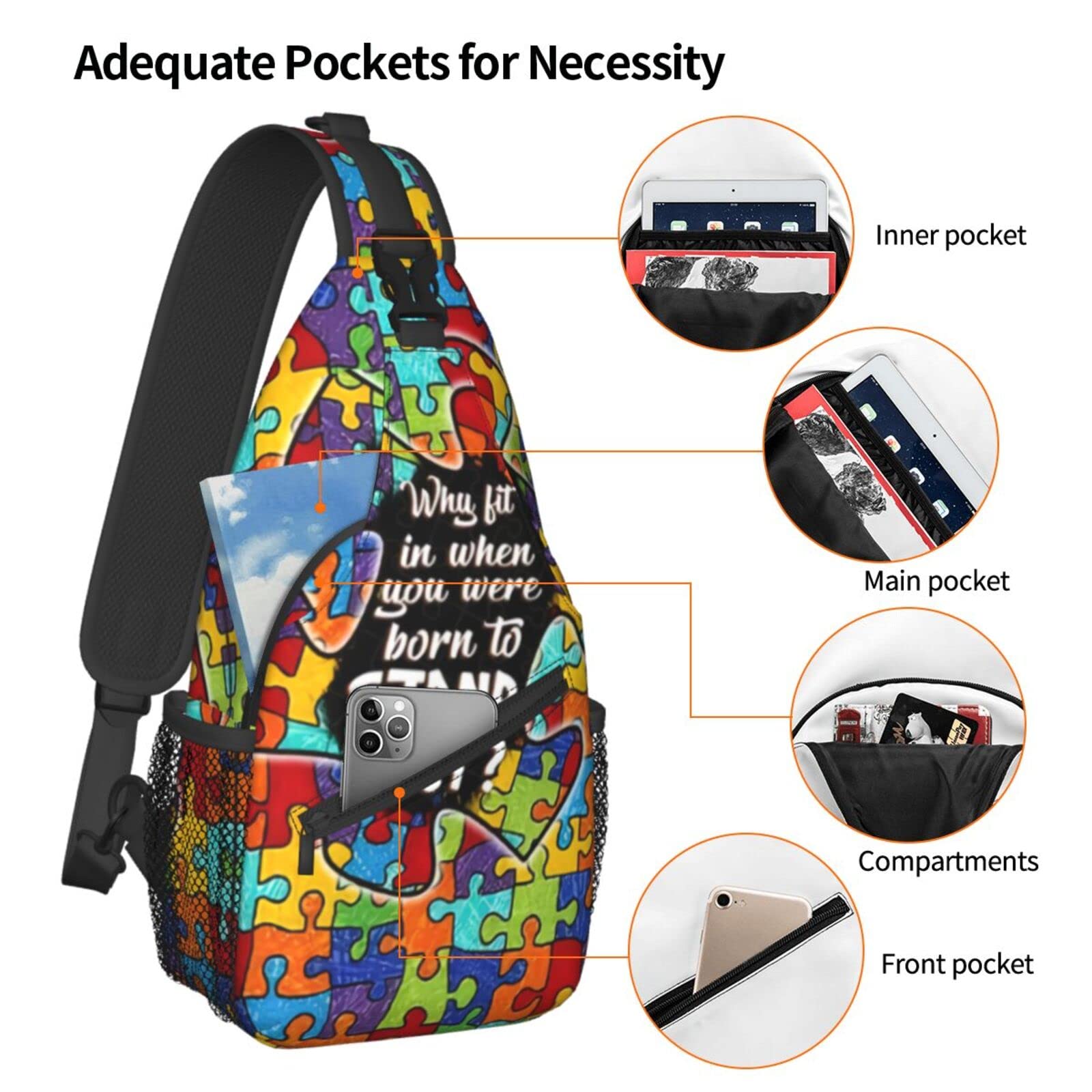 Autism Pattern Sling Backpack Travel Hiking Daypack Autism Awareness Crossbody Shoulder Bag For Women Men