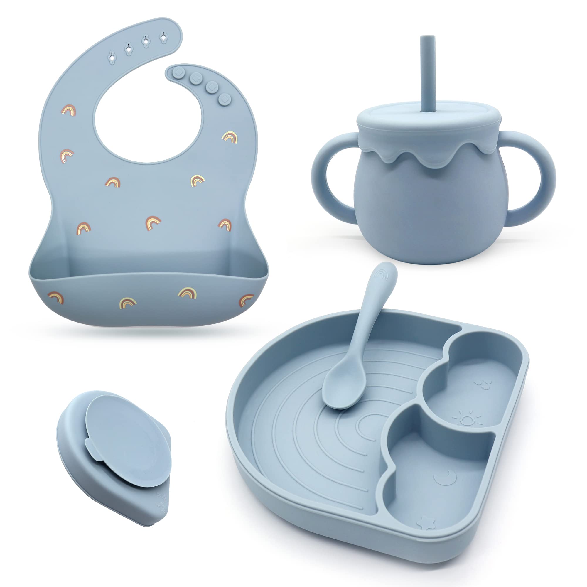 Santi & Me Baby Feeding Set Divided Plate with Suction, Adjustable Silicone Bib, Toddler Training Sippy Cup with Straw, Baby Led Weaning Spoon, Rainbow Plate Dishes and Utensils Set(Dusty blue)