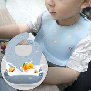 Santi & Me Baby Feeding Set Divided Plate with Suction, Adjustable Silicone Bib, Toddler Training Sippy Cup with Straw, Baby Led Weaning Spoon, Rainbow Plate Dishes and Utensils Set(Dusty blue)