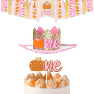 Little Pumpkin First Birthday Decorations Fall High Chair Banner with Glitter Pumpkin Cake Topper One Crown Hat and Balloons for Baby Girls Cake Smash Photo Prop Backdrop Supplies