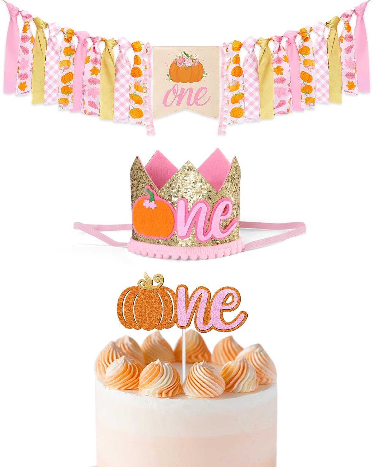 Little Pumpkin First Birthday Decorations Fall High Chair Banner with Glitter Pumpkin Cake Topper One Crown Hat and Balloons for Baby Girls Cake Smash Photo Prop Backdrop Supplies