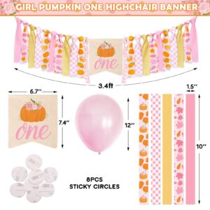 Little Pumpkin First Birthday Decorations Fall High Chair Banner with Glitter Pumpkin Cake Topper One Crown Hat and Balloons for Baby Girls Cake Smash Photo Prop Backdrop Supplies