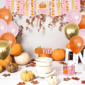 Little Pumpkin First Birthday Decorations Fall High Chair Banner with Glitter Pumpkin Cake Topper One Crown Hat and Balloons for Baby Girls Cake Smash Photo Prop Backdrop Supplies