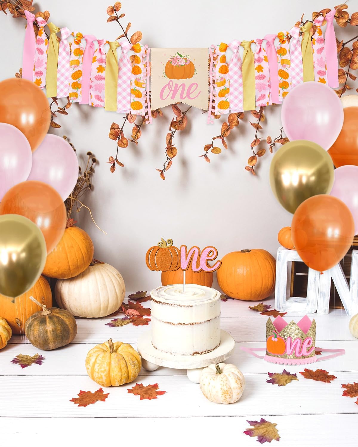 Little Pumpkin First Birthday Decorations Fall High Chair Banner with Glitter Pumpkin Cake Topper One Crown Hat and Balloons for Baby Girls Cake Smash Photo Prop Backdrop Supplies