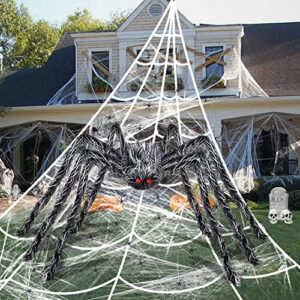 yujun halloween giant spider decorations 59'', halloween web decor scary giant spider with 100pcs small fake plastic spiders 275'' giant spider webs for halloween outdoor and indoor decoration