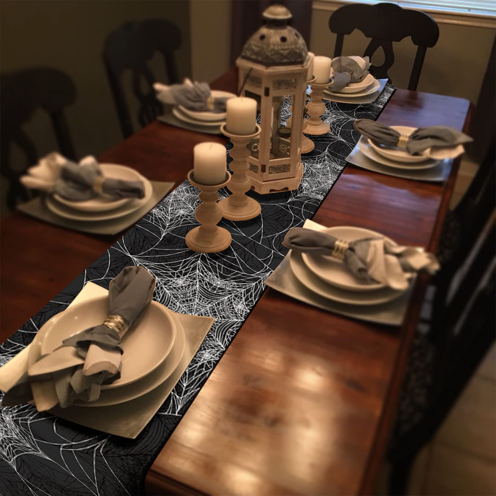 PROCIDA Halloween Spider Web Table Runner Fall Black Burlap Table Runners Autumn Rustic Kitchen Dinning Decor for Holiday Home Party Indoor Outdoor 13x72 Inch