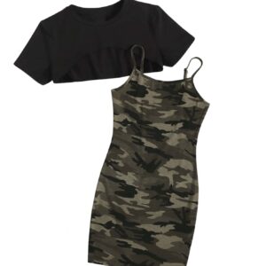 SweatyRocks Girl's 2 Piece Outfits Short Sleeve Crop Top Tee and Camo Print Cami Dress Set Black Green 10Y