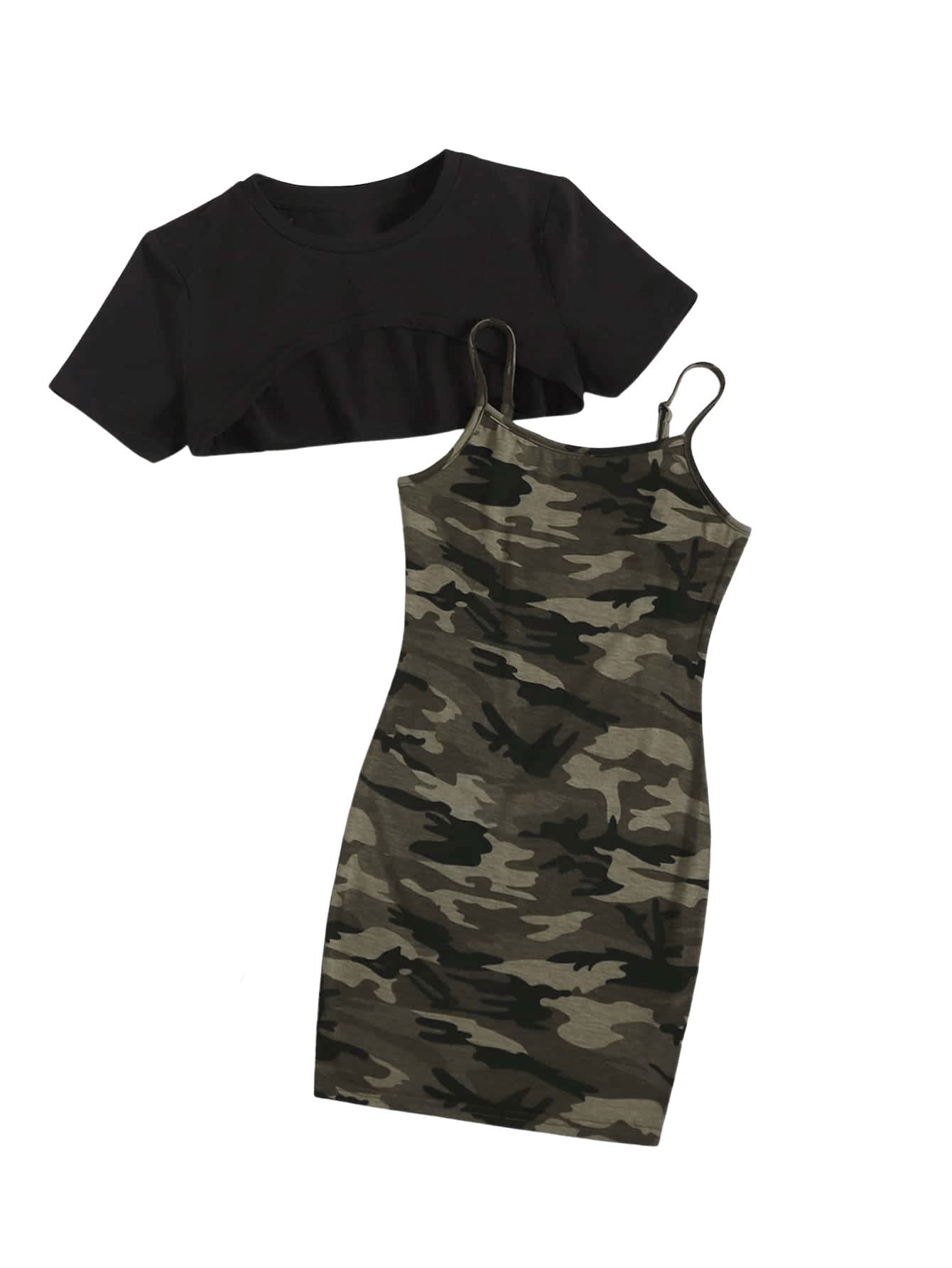 SweatyRocks Girl's 2 Piece Outfits Short Sleeve Crop Top Tee and Camo Print Cami Dress Set Black Green 10Y