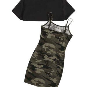 SweatyRocks Girl's 2 Piece Outfits Short Sleeve Crop Top Tee and Camo Print Cami Dress Set Black Green 10Y