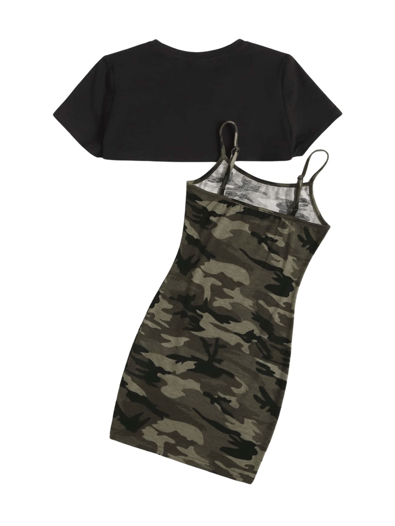 SweatyRocks Girl's 2 Piece Outfits Short Sleeve Crop Top Tee and Camo Print Cami Dress Set Black Green 10Y