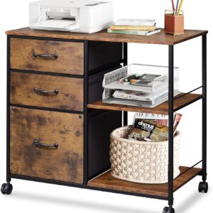 DEVAISE 3 Drawer Mobile File Cabinet, Rolling Printer Stand with Open Storage Shelf, Fabric Lateral Filing Cabinet fits A4 or Letter Size for Home Office, Rustic Brown Wood Grain Print