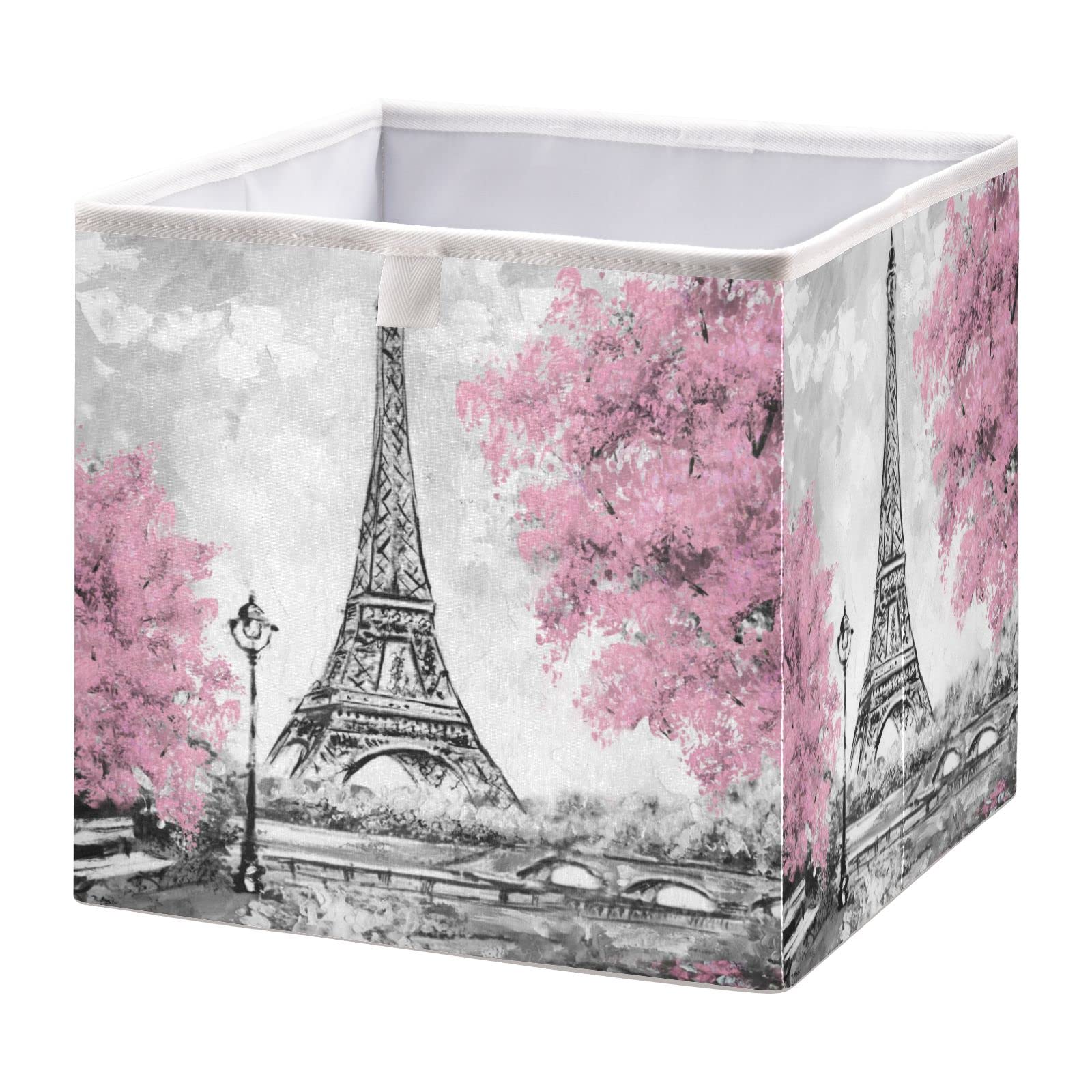 WELLDAY Storage Basket Eiffel Tower Pink Tree Foldable 11 x 11 x 11 in Cube Storage Bin Home Decor Organizer Storage Baskets Box for Toys, Books, Shelves, Closet, Laundry, Nursery