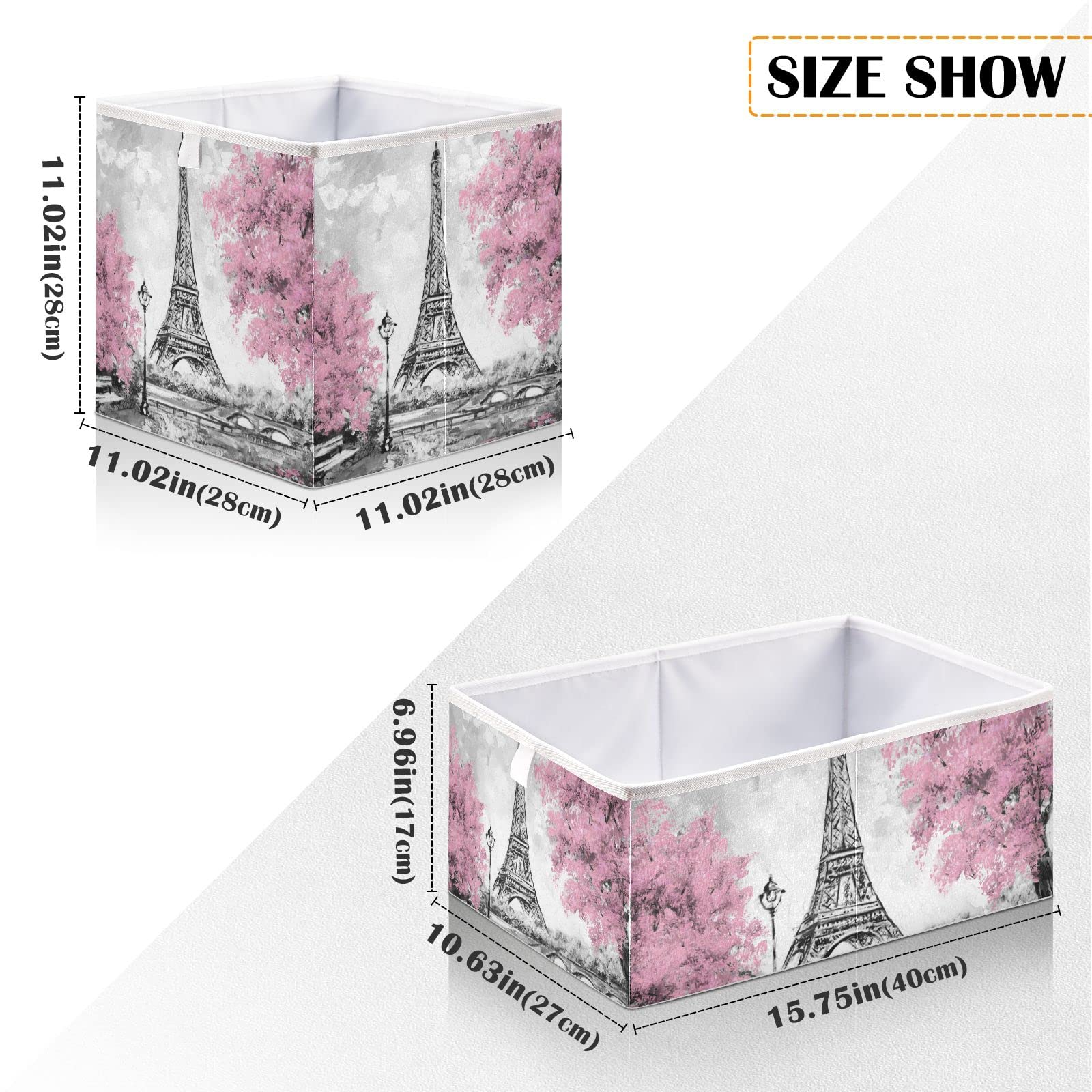 WELLDAY Storage Basket Eiffel Tower Pink Tree Foldable 11 x 11 x 11 in Cube Storage Bin Home Decor Organizer Storage Baskets Box for Toys, Books, Shelves, Closet, Laundry, Nursery