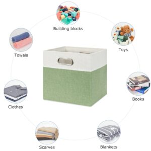 Temary Fabric Storage Cubes 11x11 Cube Storage Bins with Handles, 4 Pack Canvas Cube Storage Boxes Green Baskets for Organizing Closet, Foldable Cloth Baskets for Shelves (White&Green)