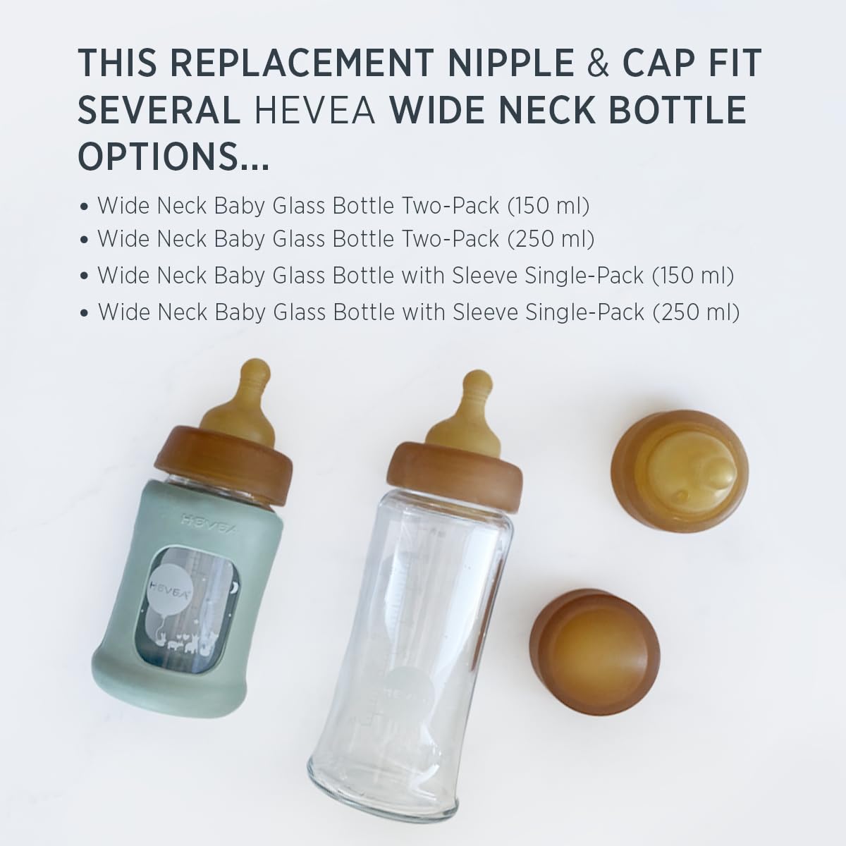 HEVEA Wide Neck Baby Bottle Cap - Glass Bottle Cap Single-Pack - 100% Natural Rubber 0+ Months, Free from Plastic, BPA, and Phthalates