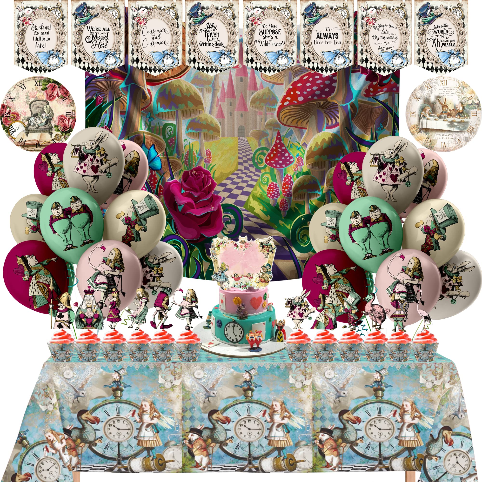 Nelton Party Supplies For Vintage Alice Includes Cake Topper, 24 Cupcake Toppers, 20 Latex Balloons, Happy Birthday Backdrop, 1 Table Cloth , 1 Banner, 2 Paper Clocks