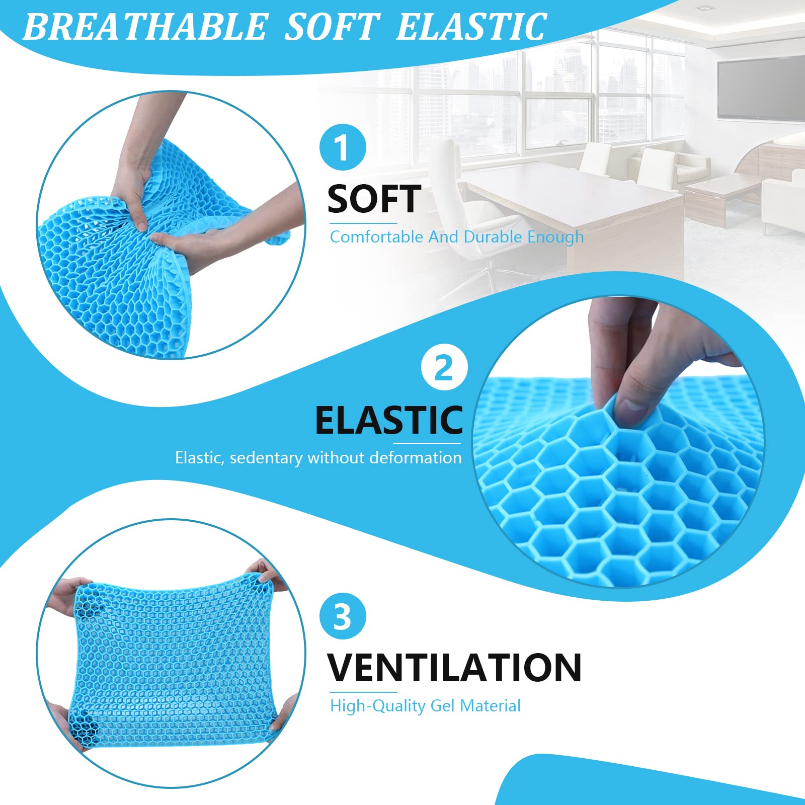 Gel Seat Cushion Double Thick Gel Seat Cushion Pressure Sores Breathable Honeycomb Design Chair Cushions for Car Seat, Office Chair, Wheelchair to Relief Sciatica Pain (with Non-Slip Cover)