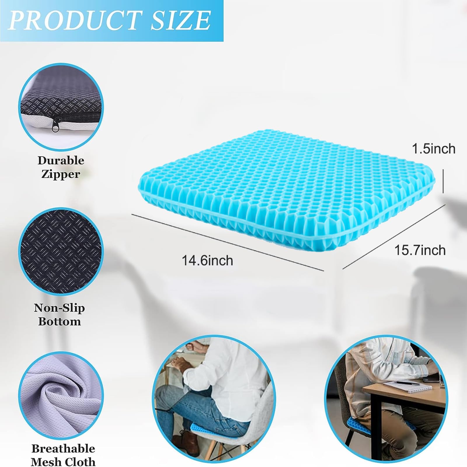 Gel Seat Cushion Double Thick Gel Seat Cushion Pressure Sores Breathable Honeycomb Design Chair Cushions for Car Seat, Office Chair, Wheelchair to Relief Sciatica Pain (with Non-Slip Cover)