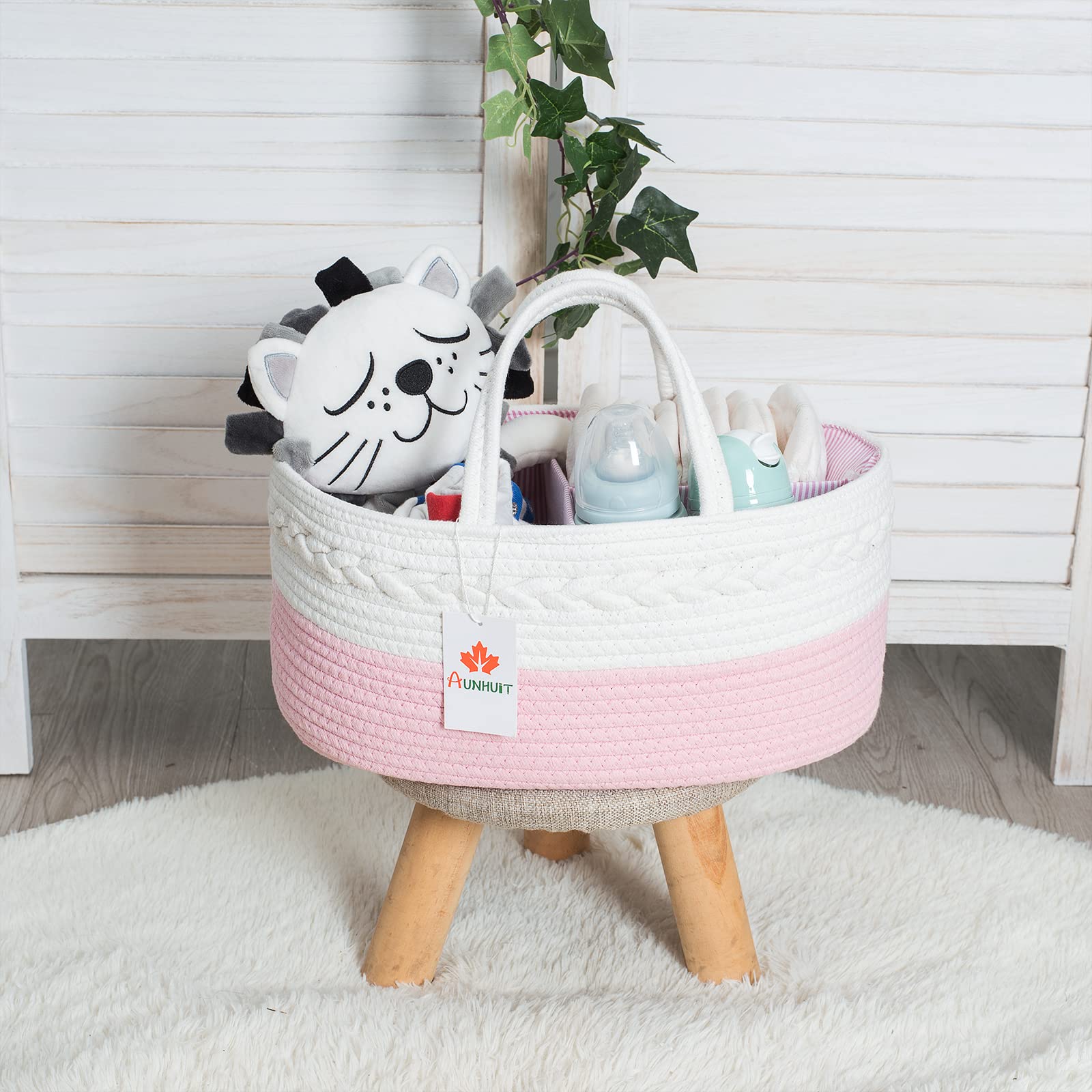 AUNHUIT Baby Diaper Caddy Organizer Nursery Storage Basket Portable Pink Woven Cotton Rope with Removable Inserts Newborn Registry Must Haves Baby Girl Shower Basket Hanging Large Travel Tote Bag