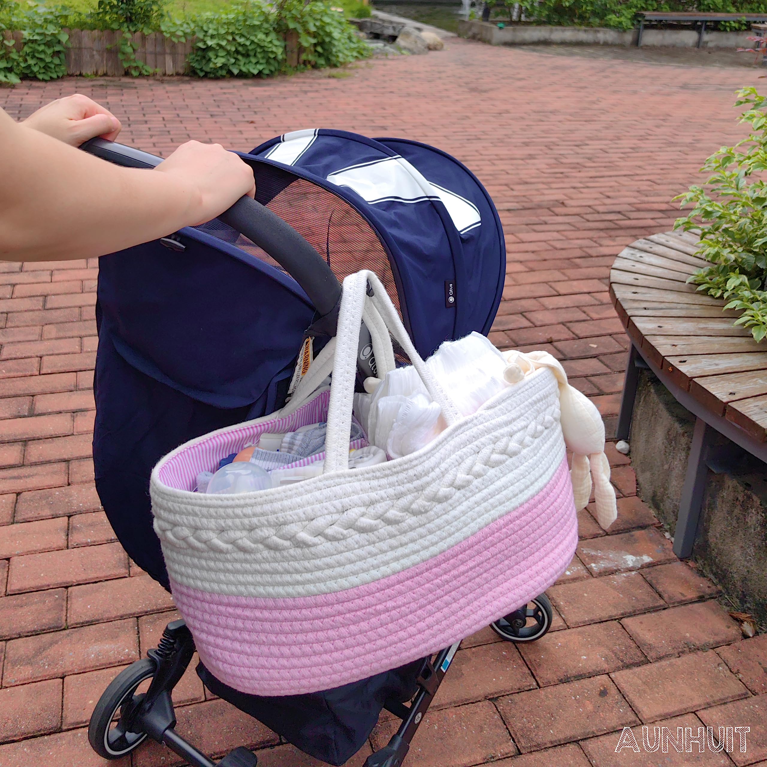 AUNHUIT Baby Diaper Caddy Organizer Nursery Storage Basket Portable Pink Woven Cotton Rope with Removable Inserts Newborn Registry Must Haves Baby Girl Shower Basket Hanging Large Travel Tote Bag