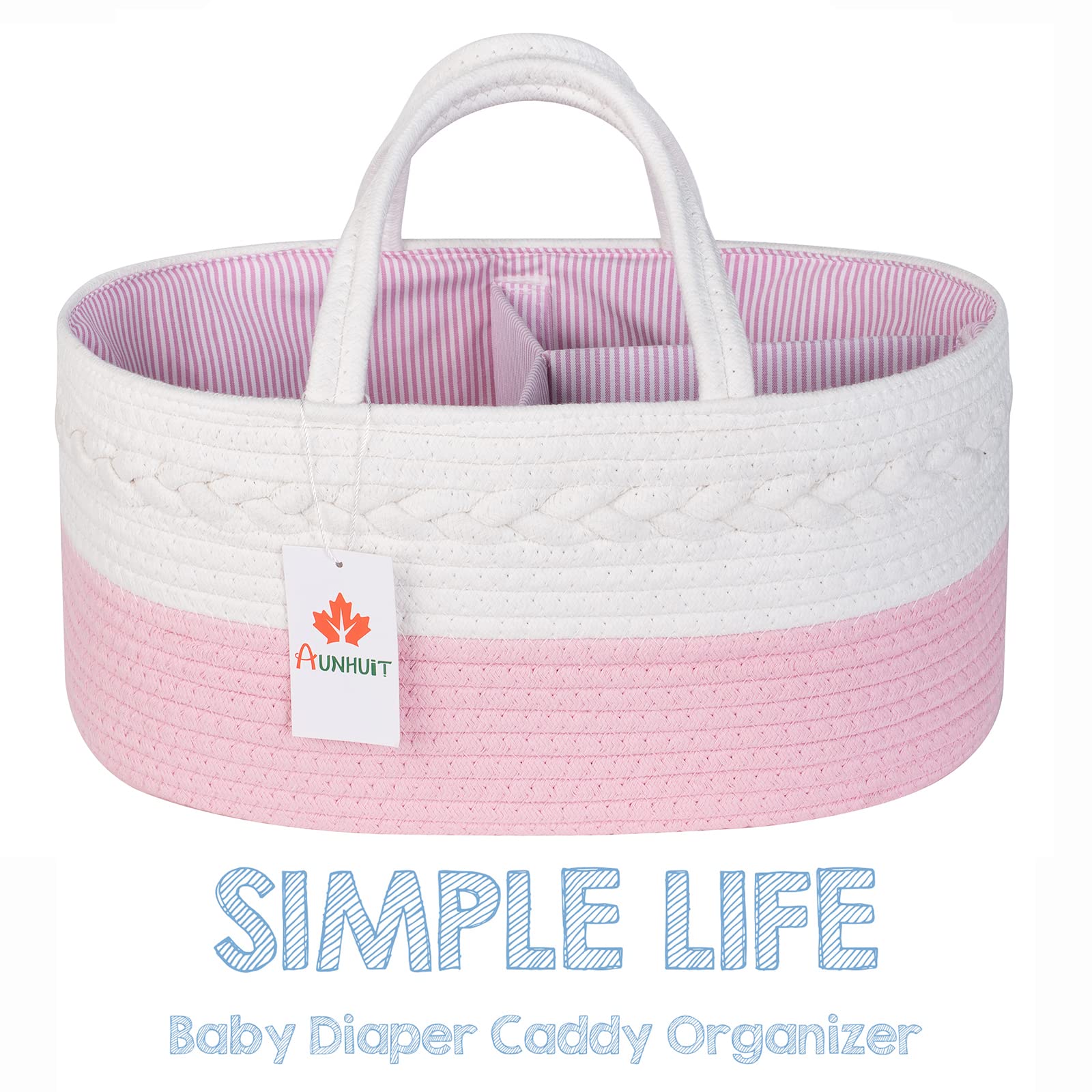 AUNHUIT Baby Diaper Caddy Organizer Nursery Storage Basket Portable Pink Woven Cotton Rope with Removable Inserts Newborn Registry Must Haves Baby Girl Shower Basket Hanging Large Travel Tote Bag