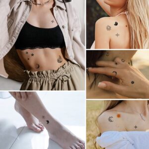 7 Sheets Sun Moon Star Temporary Tattoos, 100+ Pattern Minimalist small Cute Black Fake Tatoo Stickers for Kids Women Body Hand Neck Wrist Arm Leg