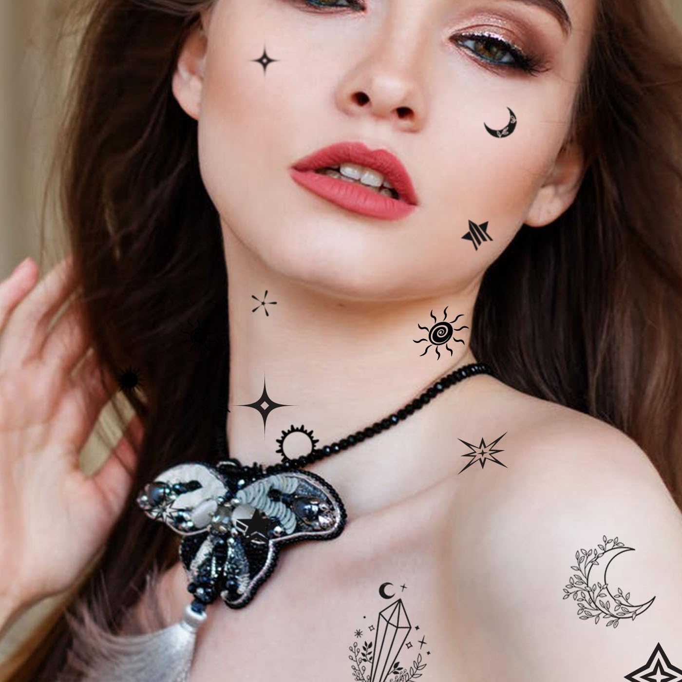 7 Sheets Sun Moon Star Temporary Tattoos, 100+ Pattern Minimalist small Cute Black Fake Tatoo Stickers for Kids Women Body Hand Neck Wrist Arm Leg