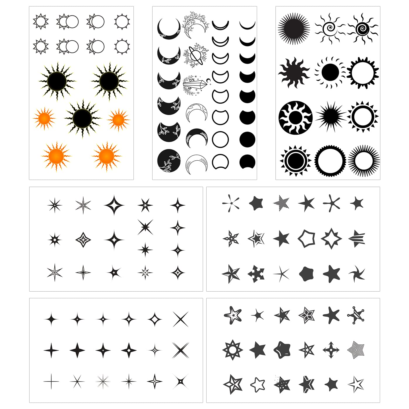 7 Sheets Sun Moon Star Temporary Tattoos, 100+ Pattern Minimalist small Cute Black Fake Tatoo Stickers for Kids Women Body Hand Neck Wrist Arm Leg