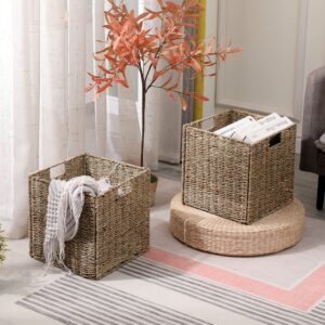 Seagrass Storage Basket,Folding 2 Packs Handmade Woven,Decorative Seagrass Shelf Basket,Wicker Shelf Basket For Storage Toys Books And Clothes and Other What You Want, 12x12x12 Inches. (seagrass)