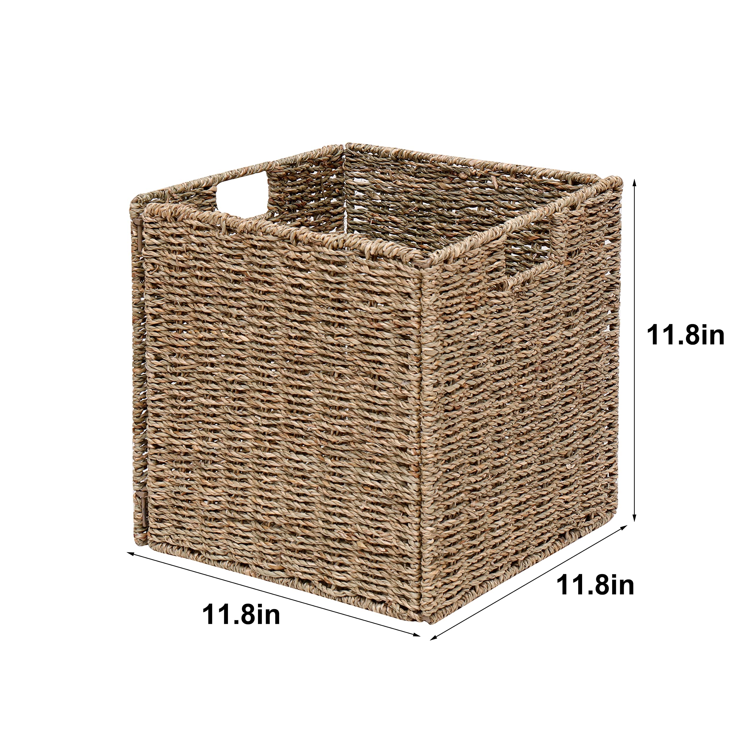 Seagrass Storage Basket,Folding 2 Packs Handmade Woven,Decorative Seagrass Shelf Basket,Wicker Shelf Basket For Storage Toys Books And Clothes and Other What You Want, 12x12x12 Inches. (seagrass)