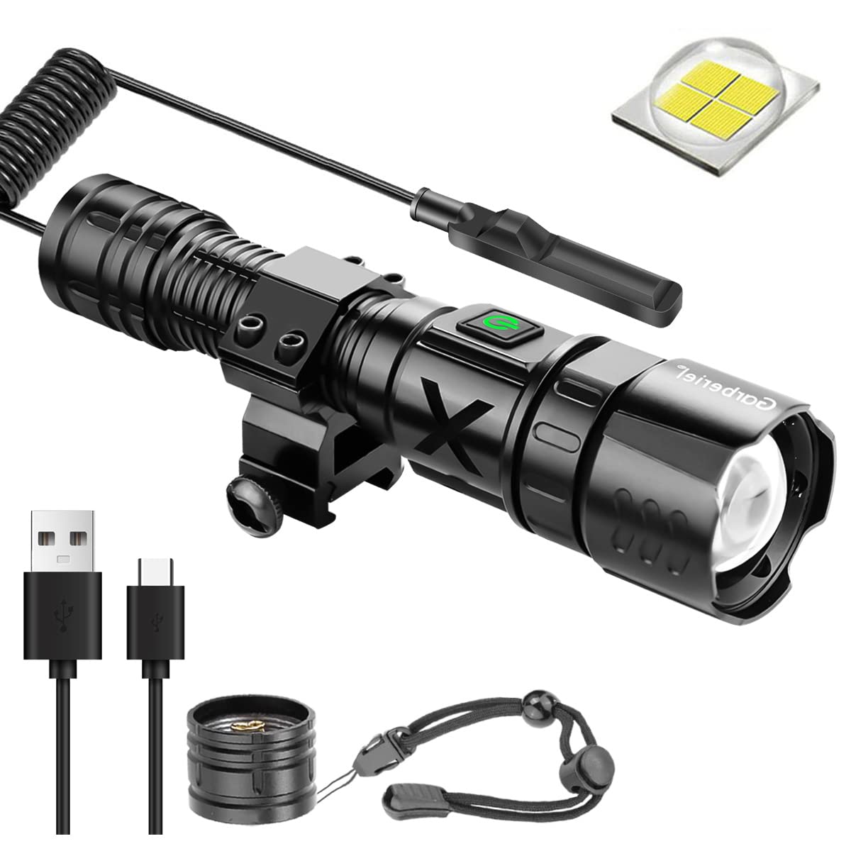 Garberiel XHP70 Tactical Flashlight for Rifle with Pressure Switch, 10000 Lumens Bright USB Rechargeable Picatinny Rail Mount Flashlight, Adjust Focus,5 Modes, Waterproof Weapon Light for Outdoor