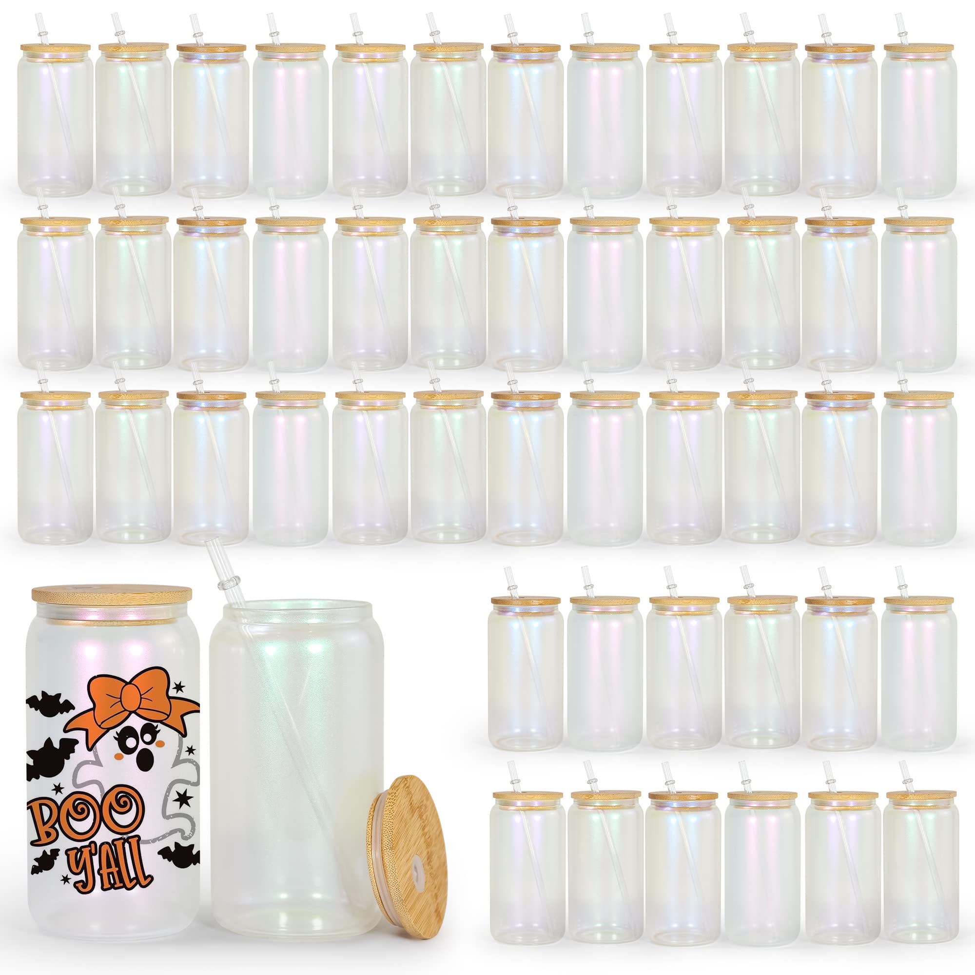 AGH 16OZ Sublimation Glass Blanks with Bamboo Lid and Plastic Straws, 25 Pack Transparent Chameleon Glasses Tumbler Mason Jar Cups for Iced Coffee, Juice, Soda, Drinks