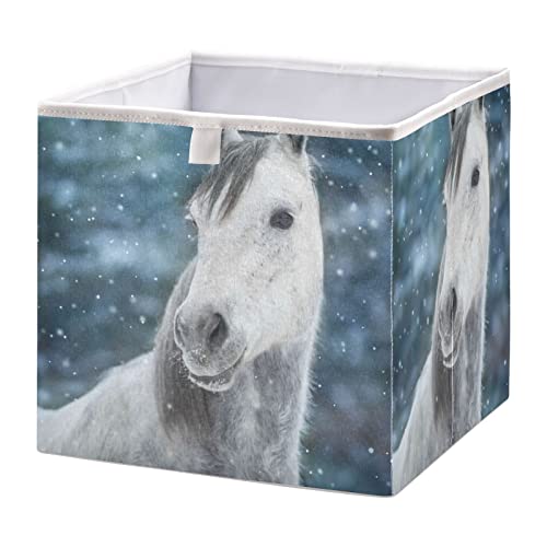 RunningBear White Horse Storage Basket Storage Bin Square Collapsible Storage Cubes Cloth Baskets Containers Organizer for Rooms Playroom Shelves