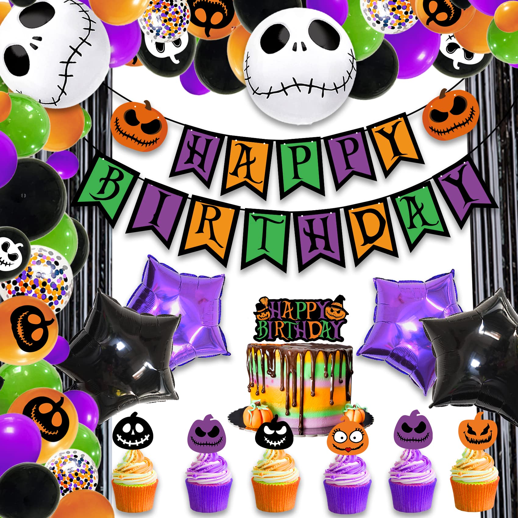 Halloween Birthday Party Decorations Banner 78PCS with Hppy Birthday Banner Balloons Cake Tooper Foil Curtains Halloween Themed Birthday Decorations for Kids First Birthday Decorations Party Supplies