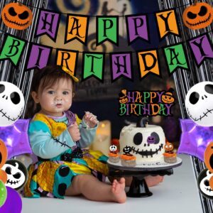 Halloween Birthday Party Decorations Banner 78PCS with Hppy Birthday Banner Balloons Cake Tooper Foil Curtains Halloween Themed Birthday Decorations for Kids First Birthday Decorations Party Supplies