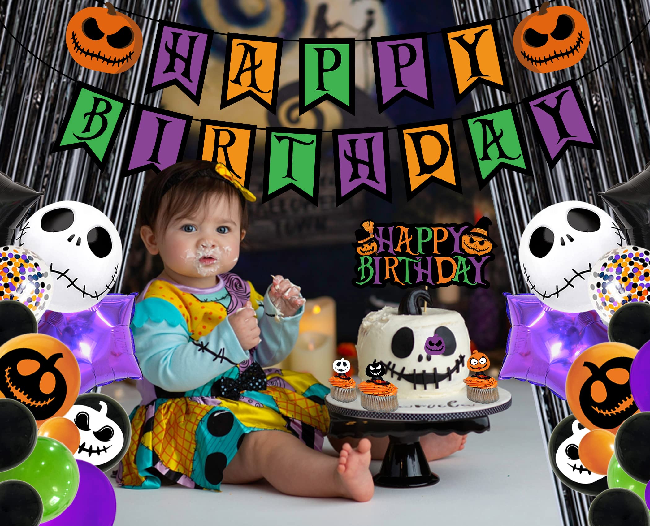 Halloween Birthday Party Decorations Banner 78PCS with Hppy Birthday Banner Balloons Cake Tooper Foil Curtains Halloween Themed Birthday Decorations for Kids First Birthday Decorations Party Supplies