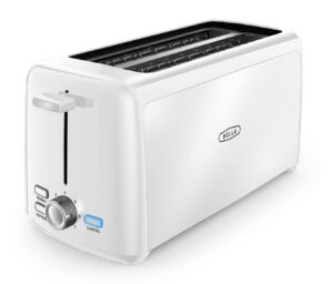 bella 4 slice toaster, long slot & removable crumb tray, 7 shading options with auto shut off, cancel & reheat button, toast bread & bagel, white