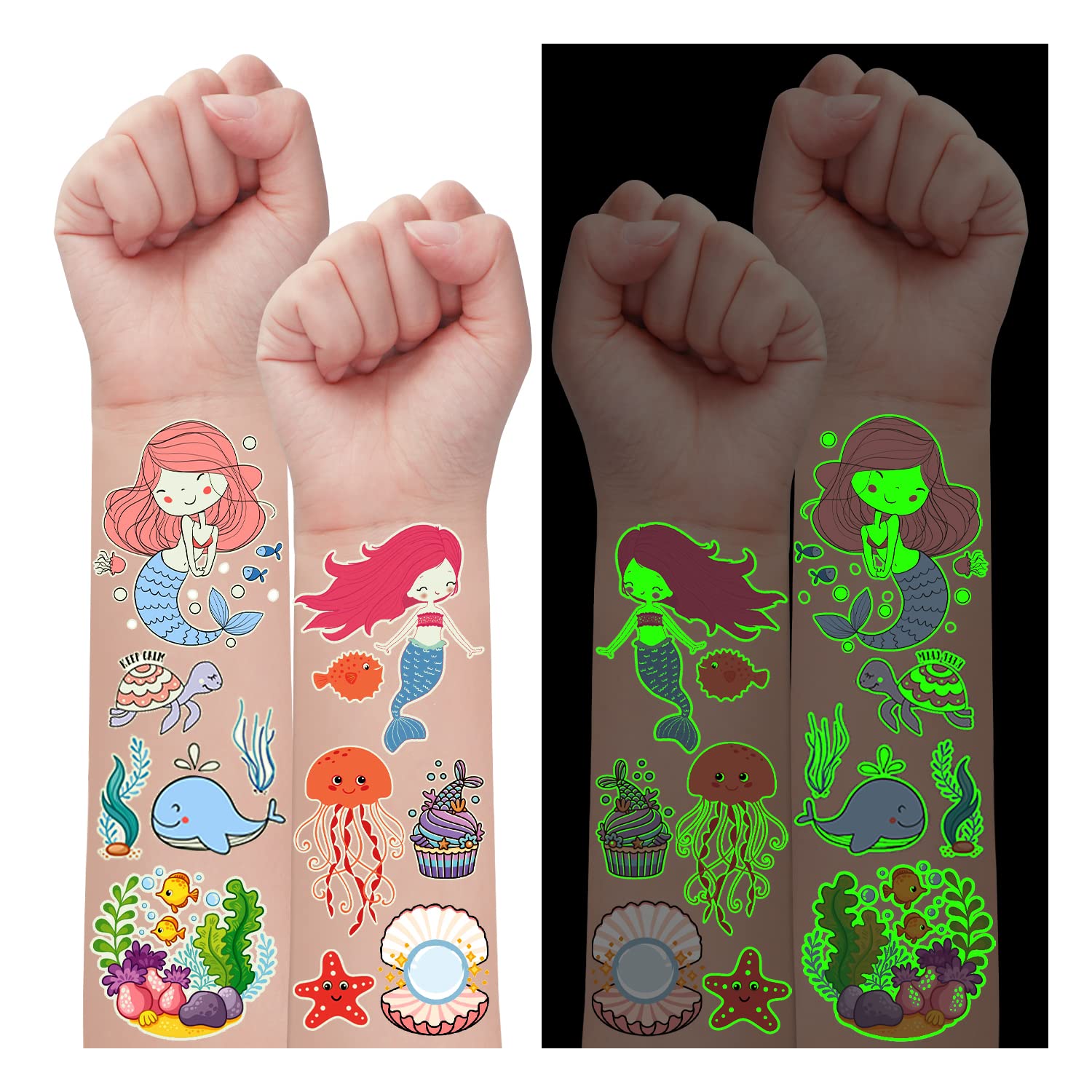 Partywind 130 Luminous Styles Mermaid Birthday Party Decorations, Glow Mermaid Kids Temporary Tattoos for Girls Birthday Party Supplies Favors, Mermaid Tail Ocean Decor (12 Sheets)