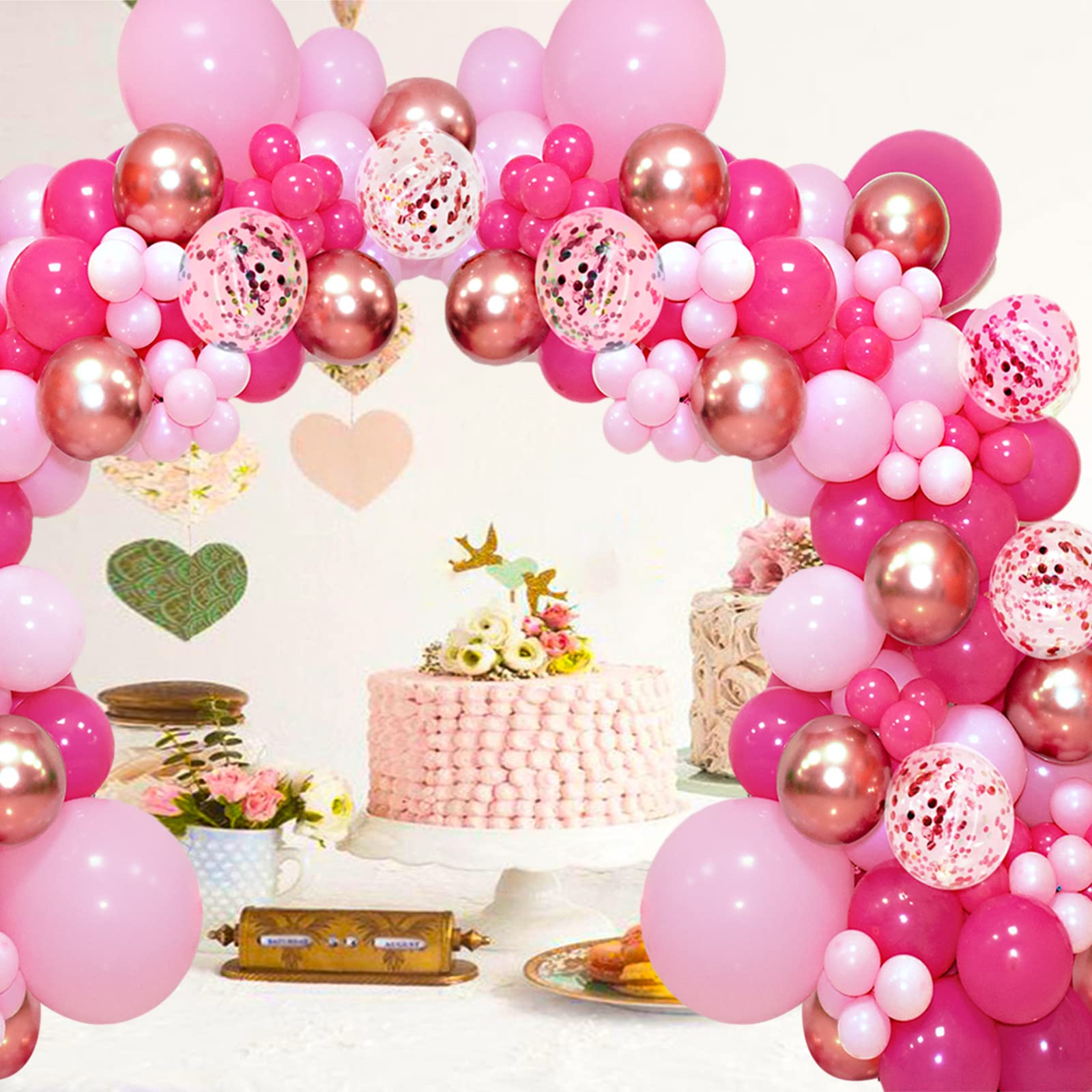 Pink Balloon Garland Arch Kit, 142pcs Hot Pink Rose Gold Balloons with Confetti Balloons for Mother's Day Decoration Girl's Birthday Bridal Baby Shower Princess Theme Party Background Decorations