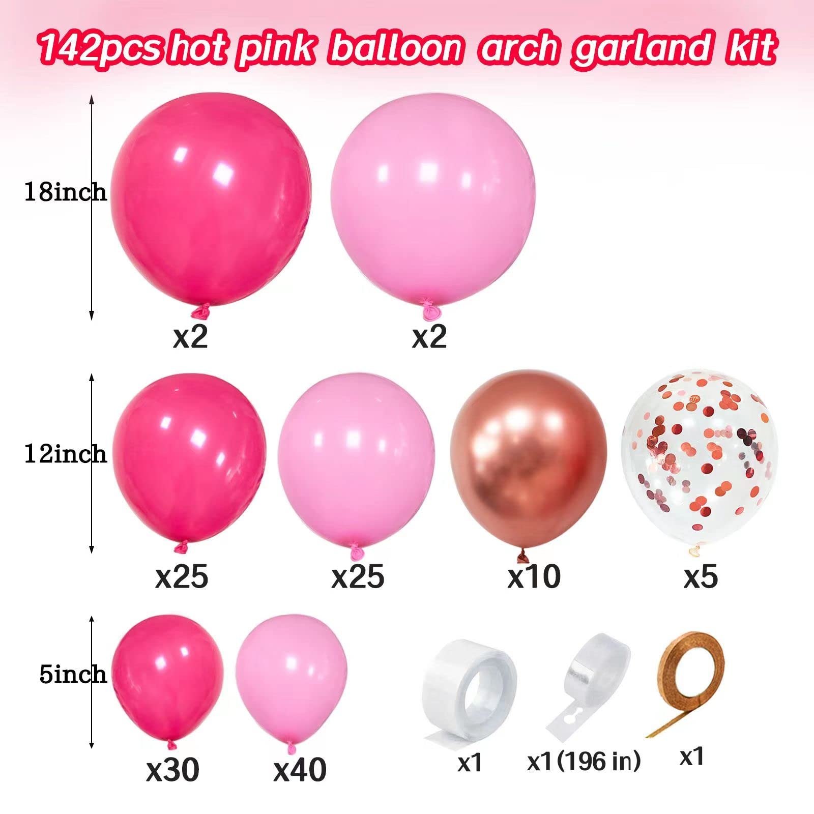 Pink Balloon Garland Arch Kit, 142pcs Hot Pink Rose Gold Balloons with Confetti Balloons for Mother's Day Decoration Girl's Birthday Bridal Baby Shower Princess Theme Party Background Decorations