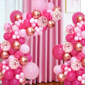 Pink Balloon Garland Arch Kit, 142pcs Hot Pink Rose Gold Balloons with Confetti Balloons for Mother's Day Decoration Girl's Birthday Bridal Baby Shower Princess Theme Party Background Decorations