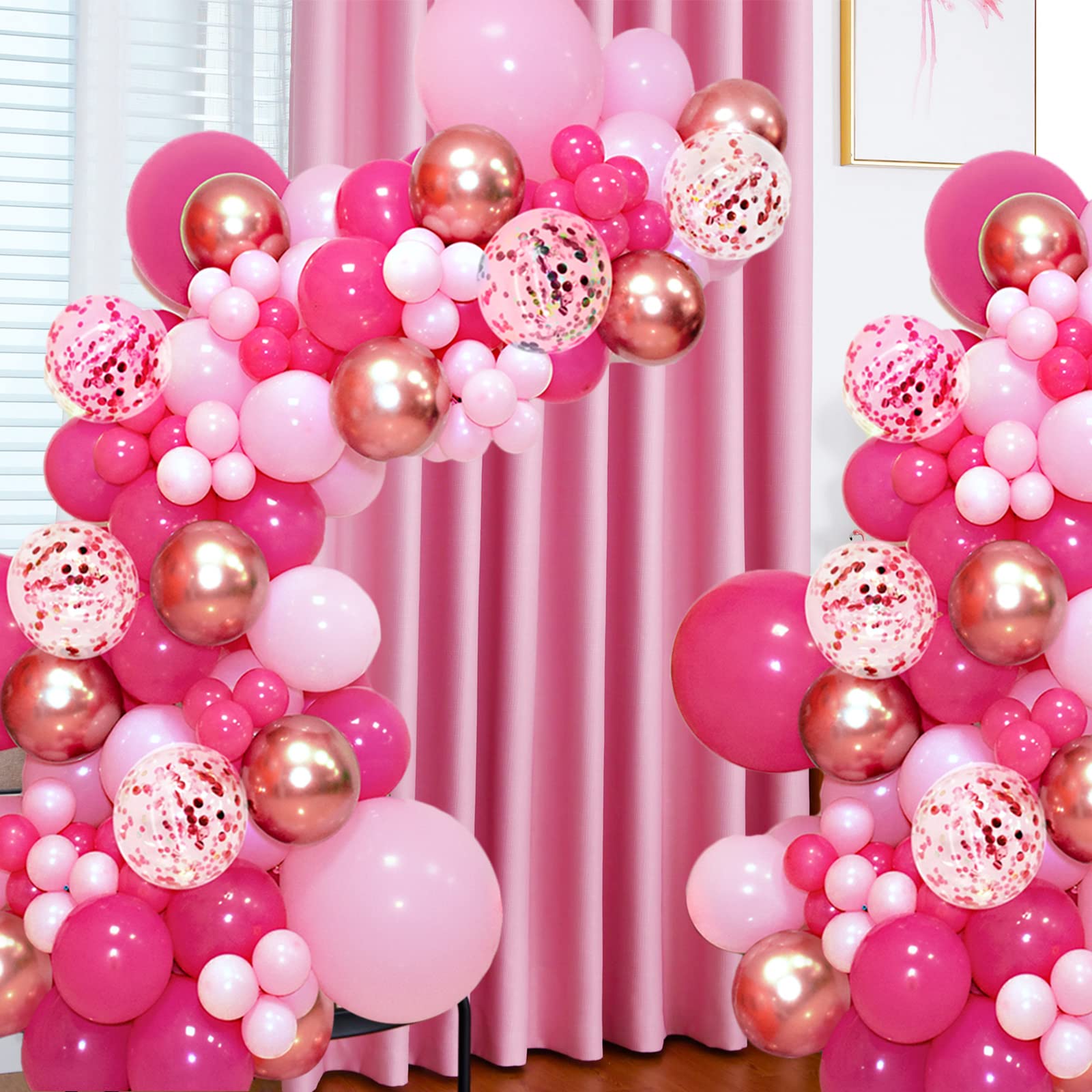 Pink Balloon Garland Arch Kit, 142pcs Hot Pink Rose Gold Balloons with Confetti Balloons for Mother's Day Decoration Girl's Birthday Bridal Baby Shower Princess Theme Party Background Decorations