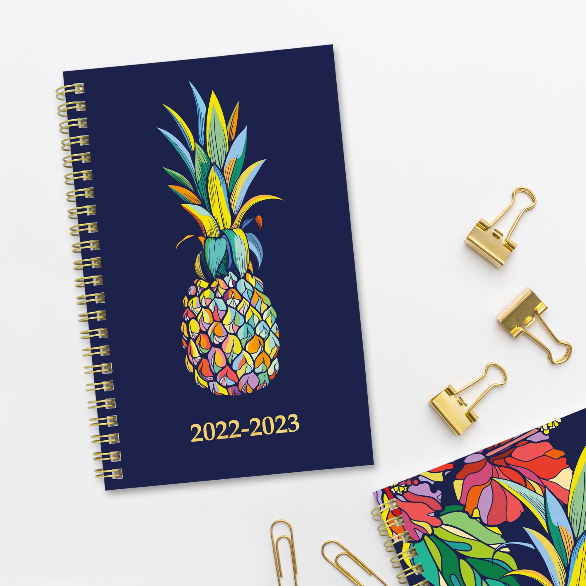 Rediform Blueline Essential Academic Weekly/Monthly Planner, 13 Months, July 2022 to July 2023, Gold Twin-Wire Binding, Poly Cover, 8'' x 5'', Pineapple Design, Navy (CA114PM.02-23)